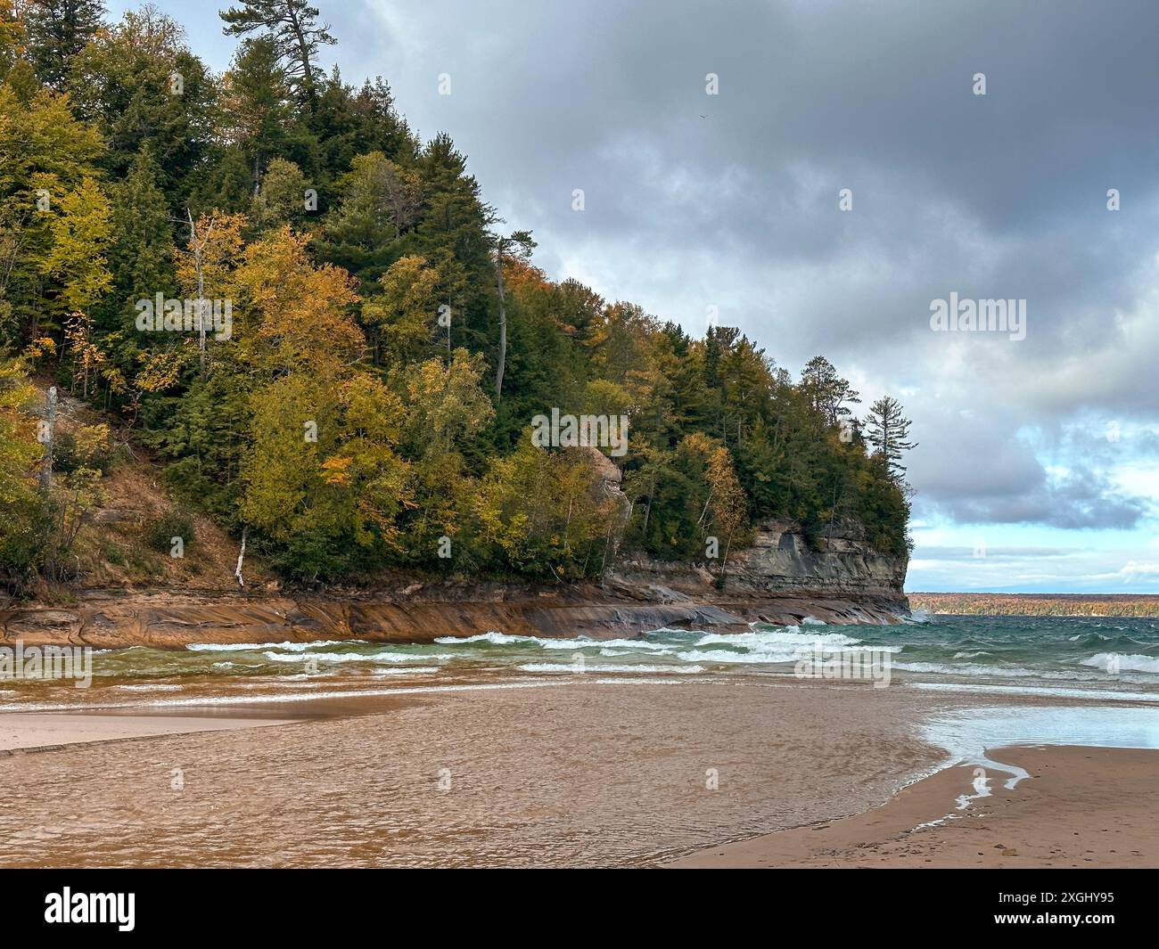 Beautiful Great Lakes landscape, a peninsula with autumn trees and ...