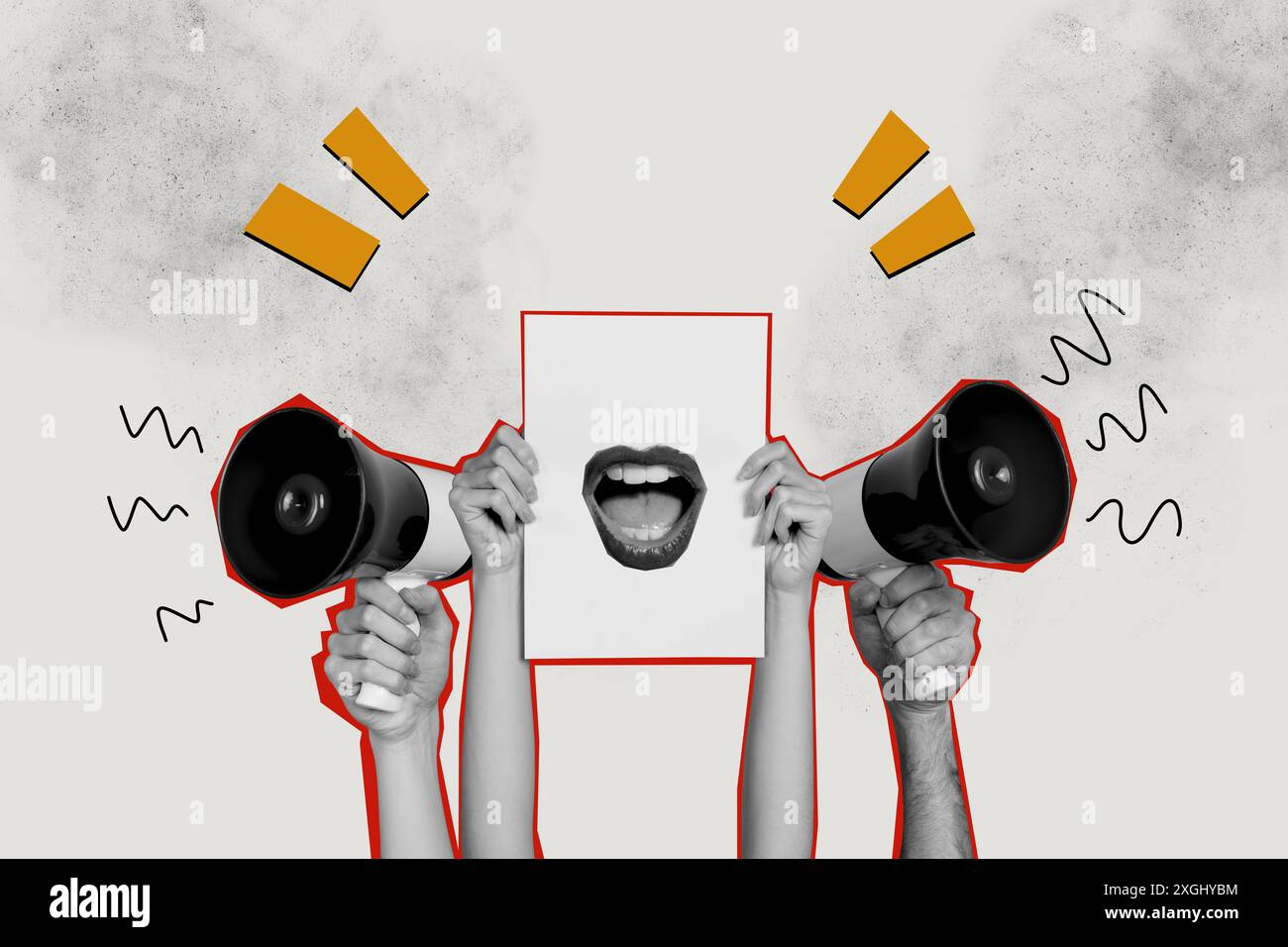 Composite photo collage of people hands hold picket banner faceless ...