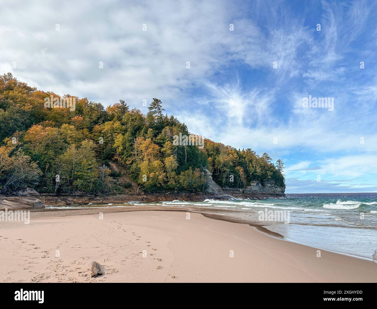 Beautiful Great Lakes landscape, a peninsula with autumn trees and ...
