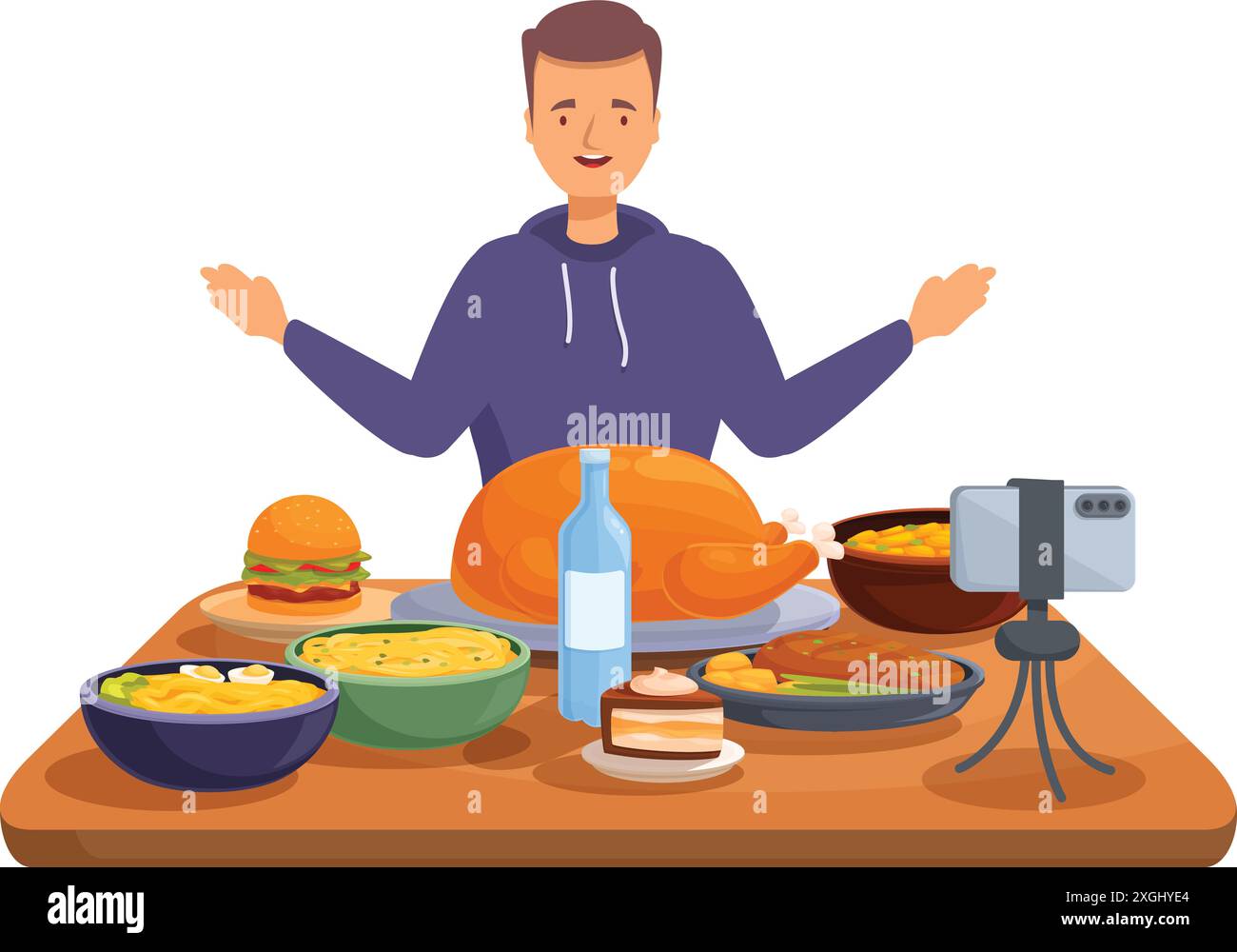 Food blogger is recording a video with a smartphone on a tripod ...