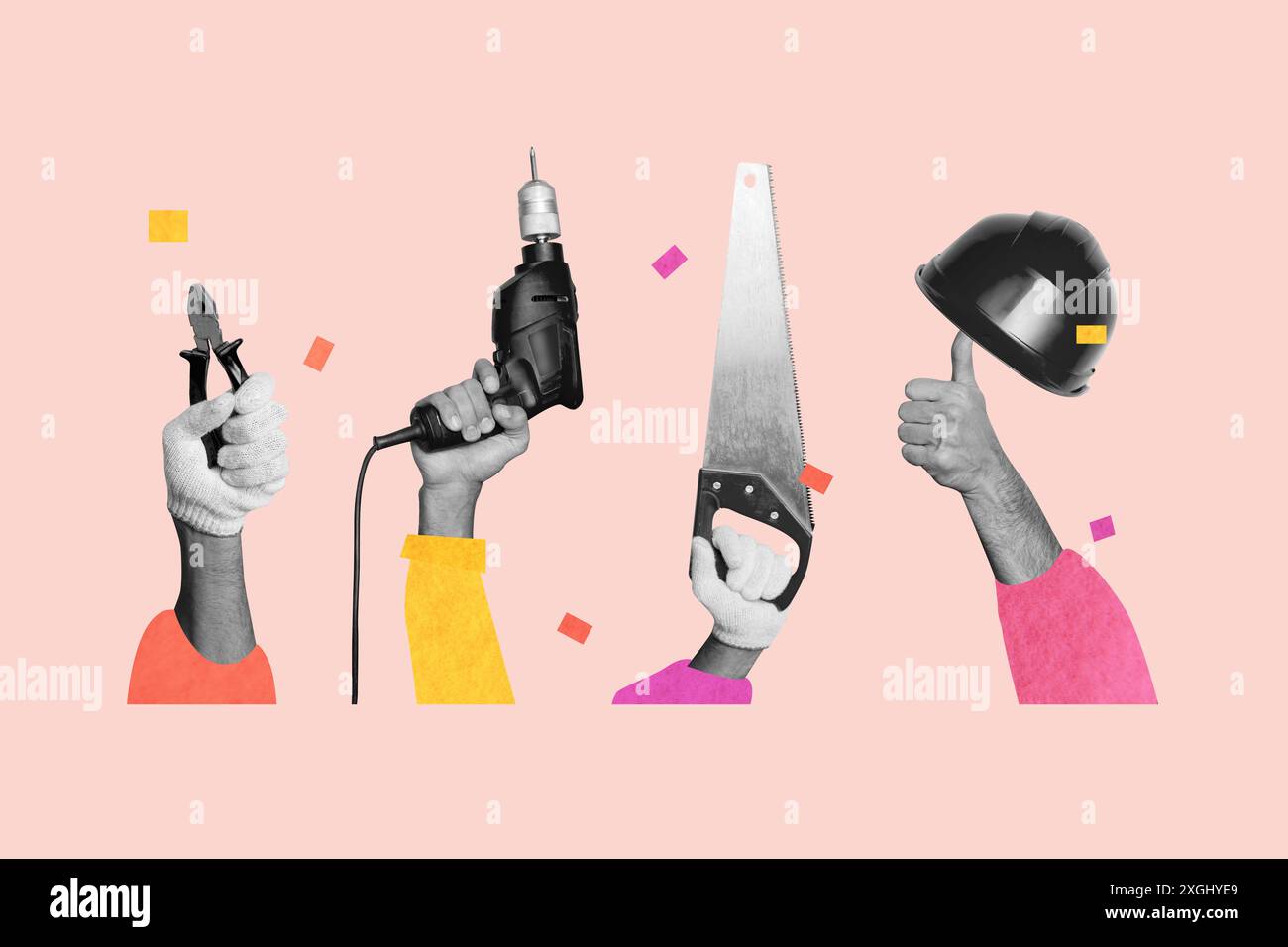 Creative drawing collage picture of hands builders hold tools repairman ...