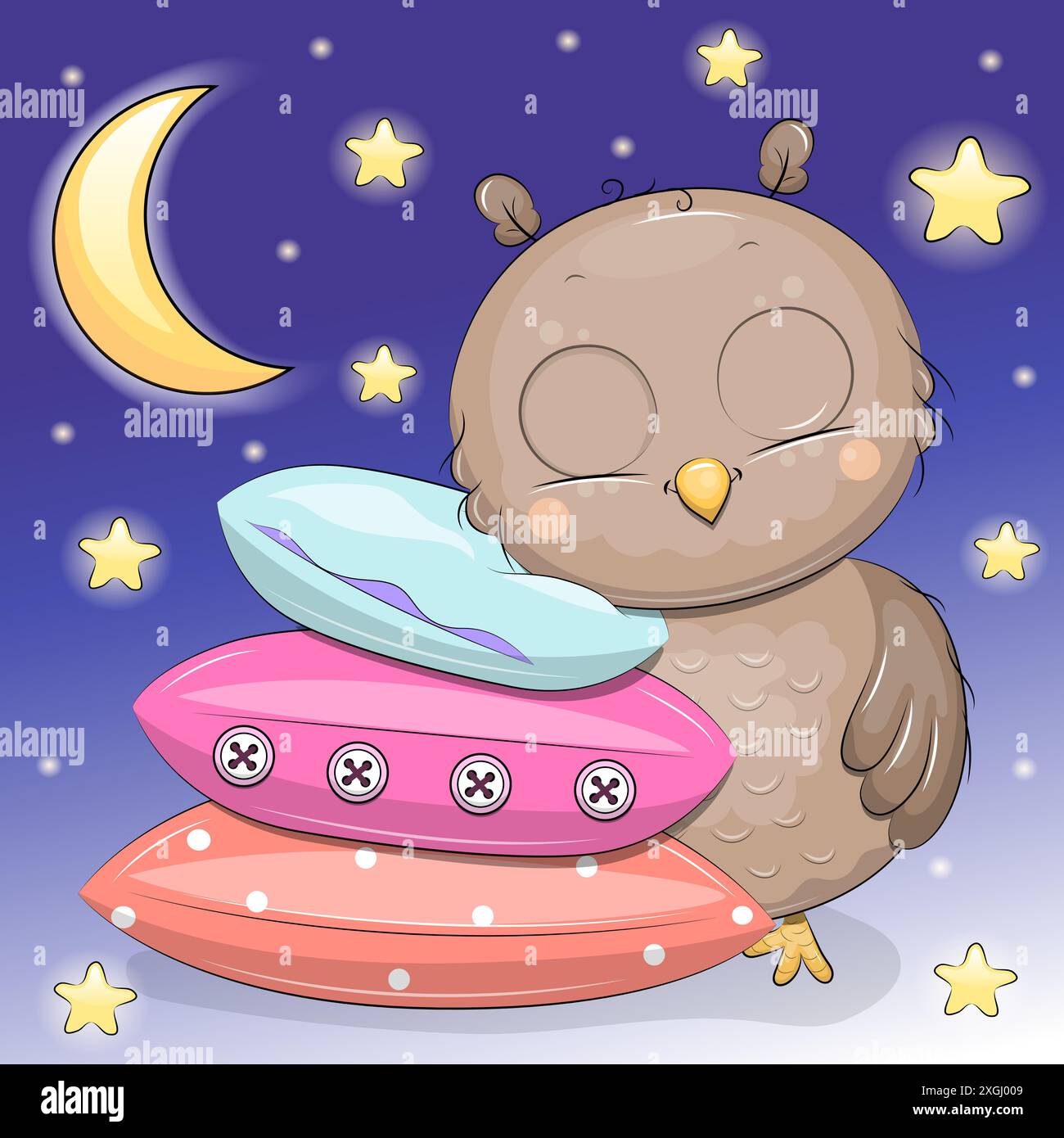 Cute cartoon owl is sleeping on the pillows. Night vector illustration ...