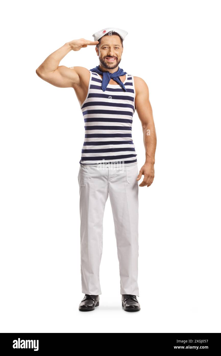 Full length portrait of a sailor saluting isolated on white background ...