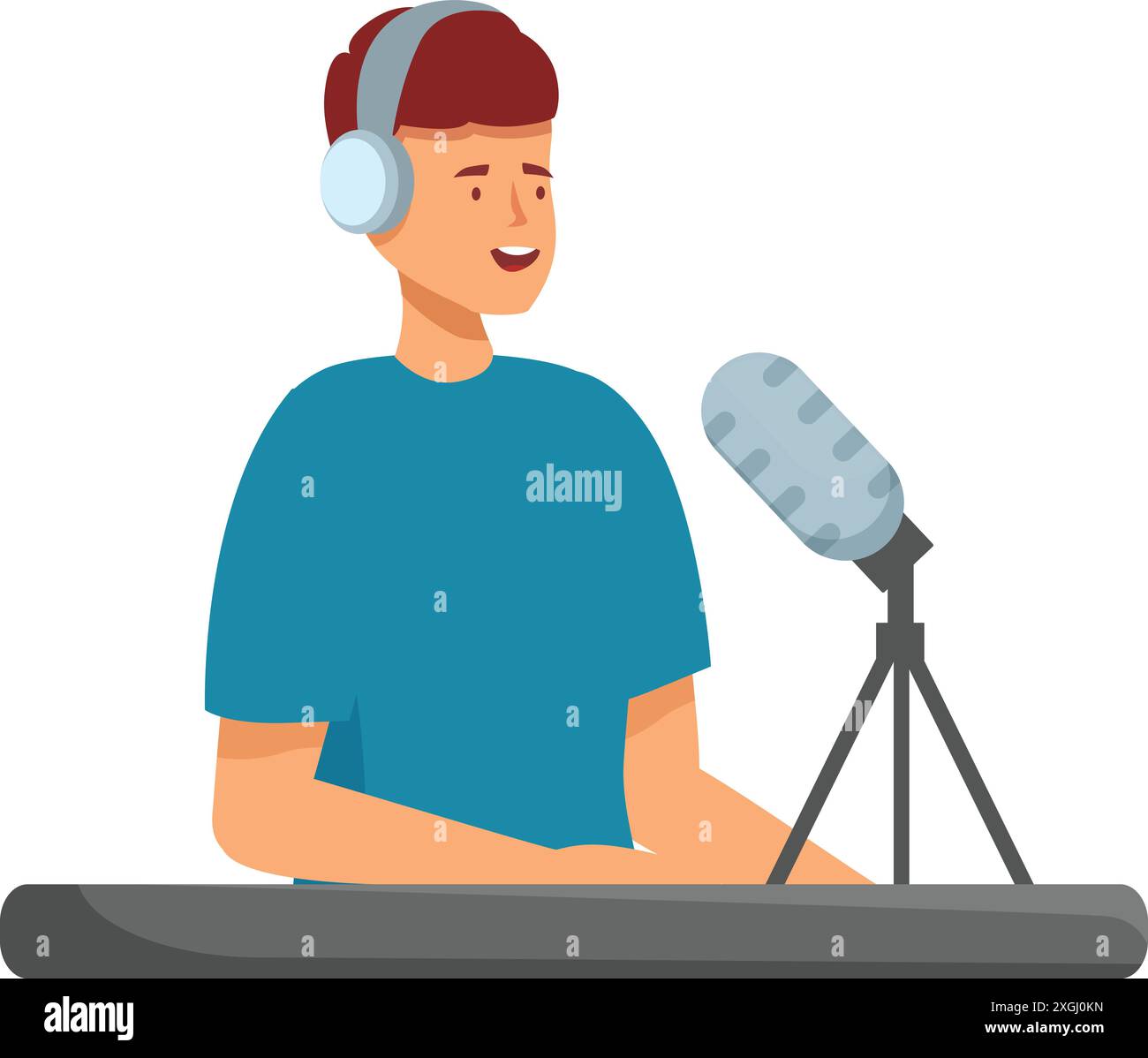 Radio host speaking into microphone with headphones recording podcast ...