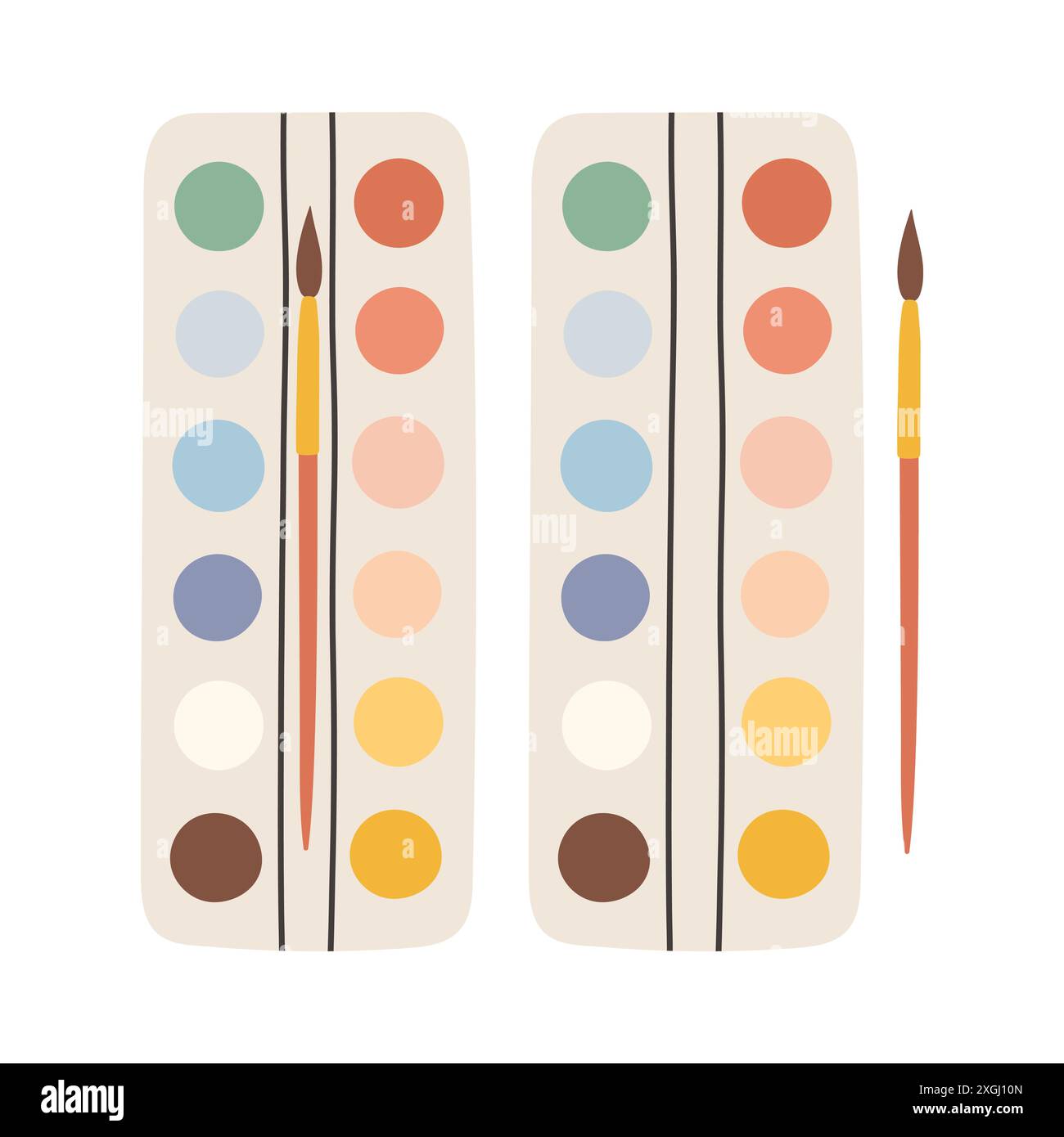 Set of bright paints in box with paint brush. Colorful palette. Tools ...