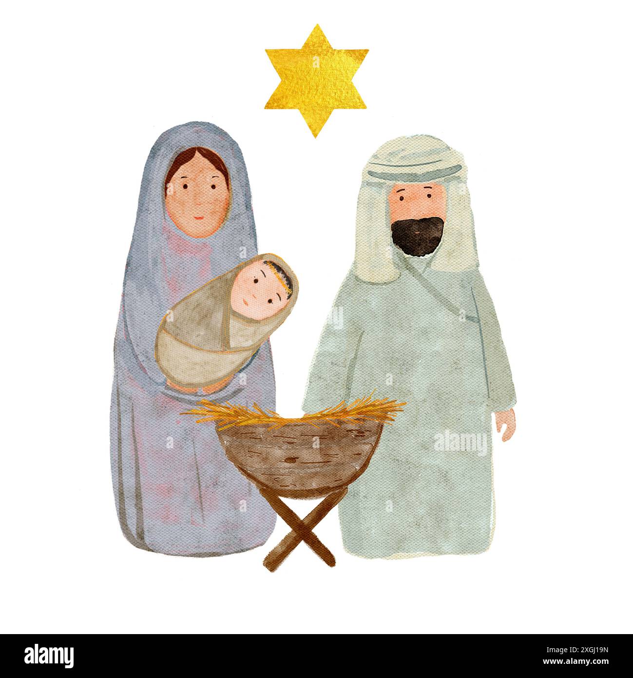 Nativity scene wrapped baby Jesus, Mary, Joseph, manger, star hand ...