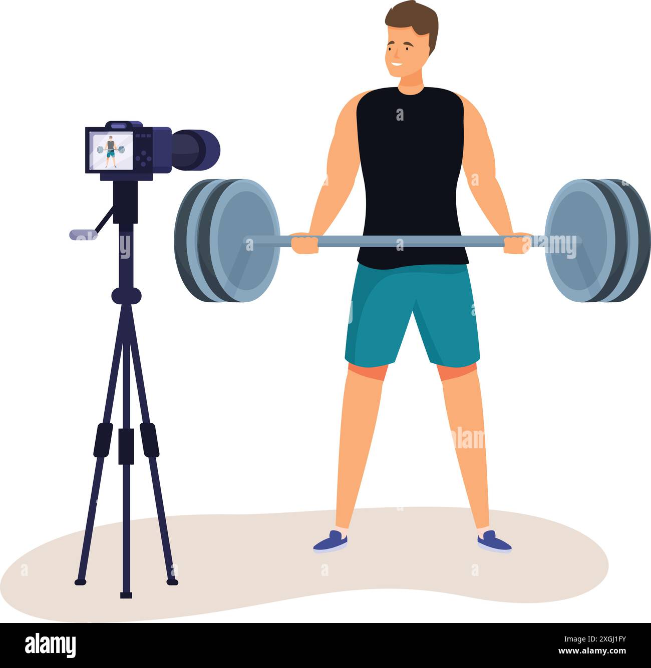 Athletic man lifting weights in front of camera recording online ...