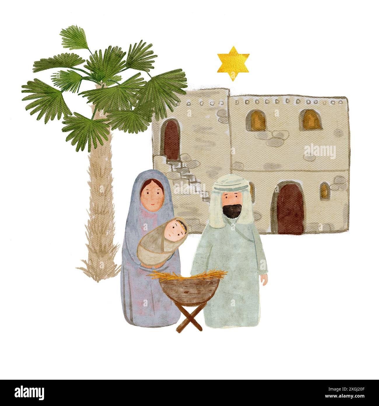 Nativity scene wrapped baby Jesus, Mary, Joseph, manger, star hand ...