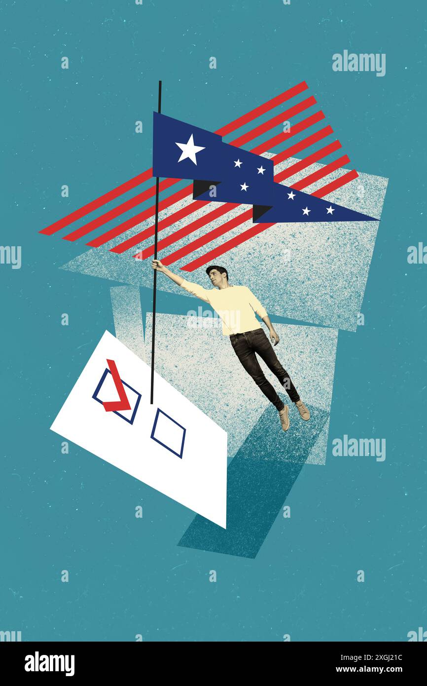 Vertical photo collage of serious guy hold usa flag paper sheet check ...