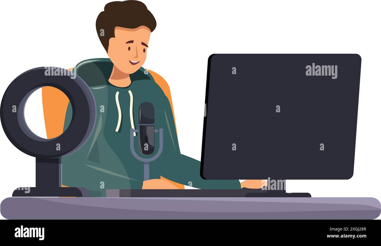 Content creator recording a podcast using a professional microphone ...