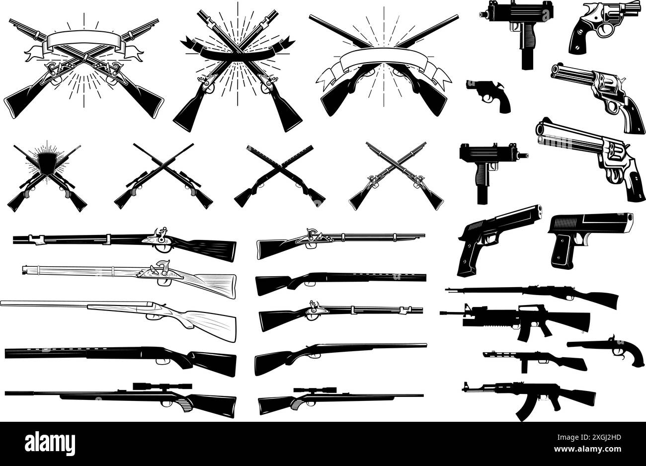 Big set of pistols and bullet holes isolated on white background ...