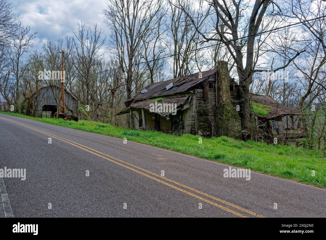 Abandoned farm alongside the road in the mountains of Tennessee with a ...