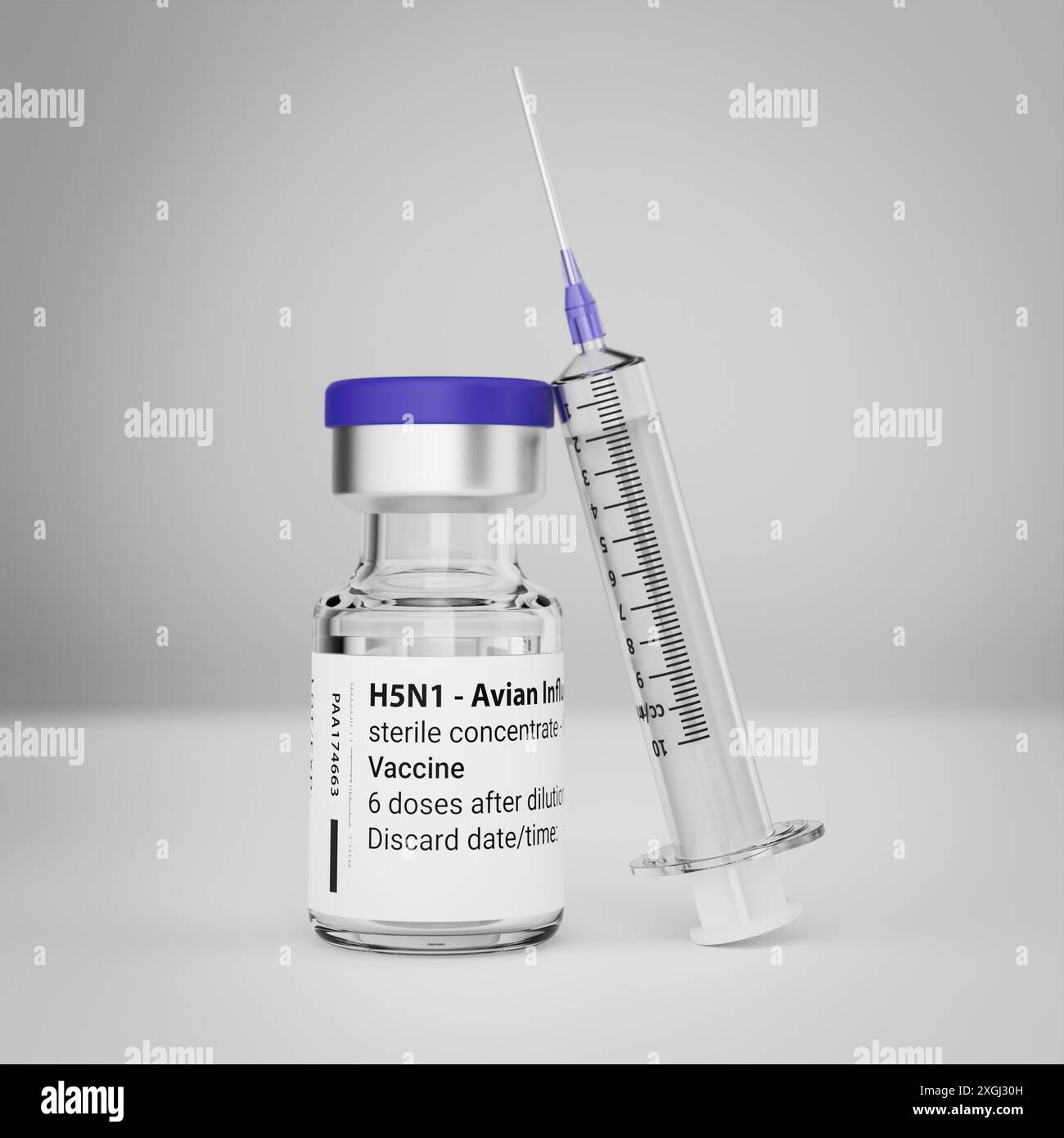 Fictitious vial of vaccine against the bird flu (Avian Influenza or H5N1) with syringe besides ...