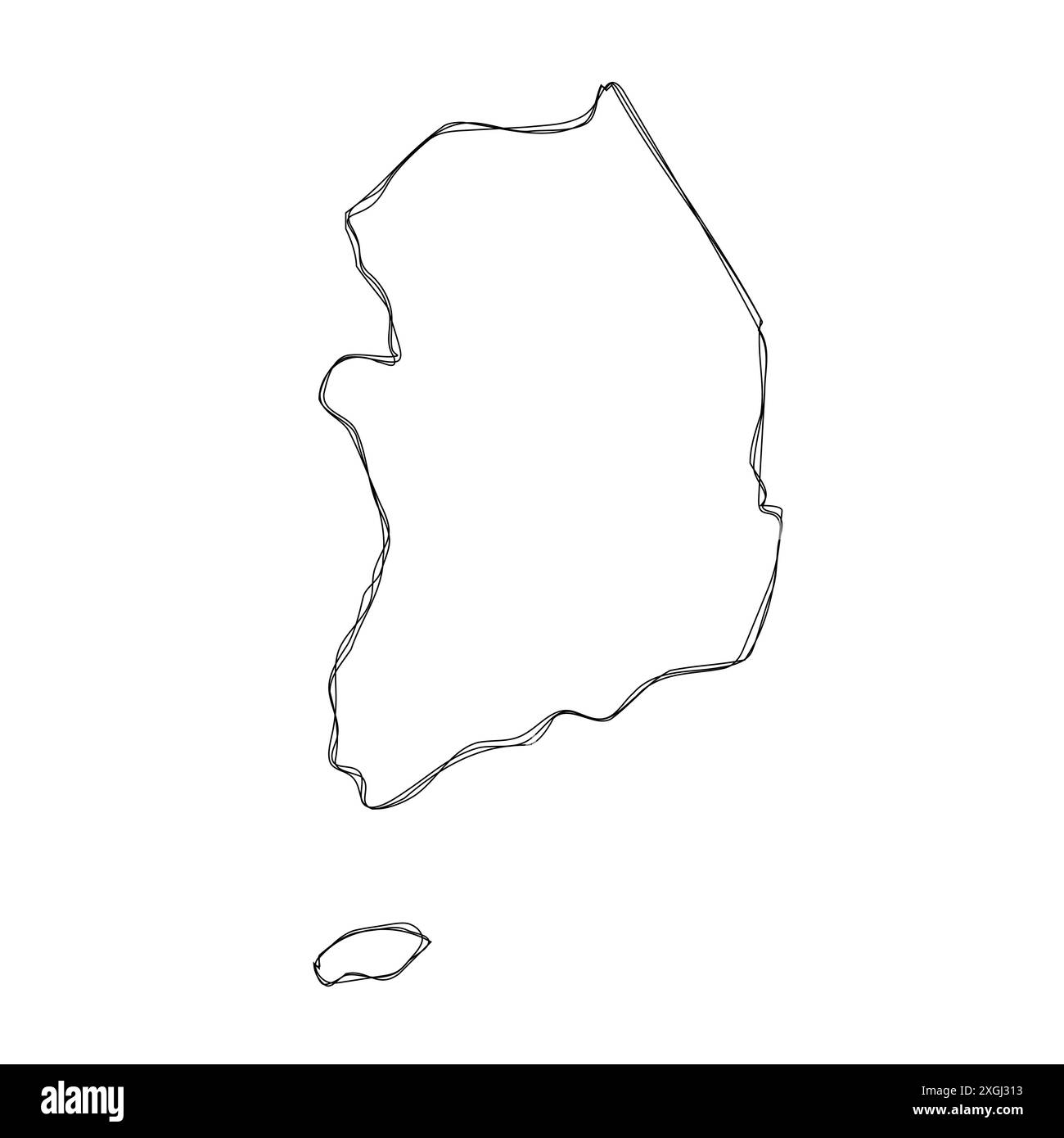 South Korea country simplified map.Thin triple pencil sketch outline ...