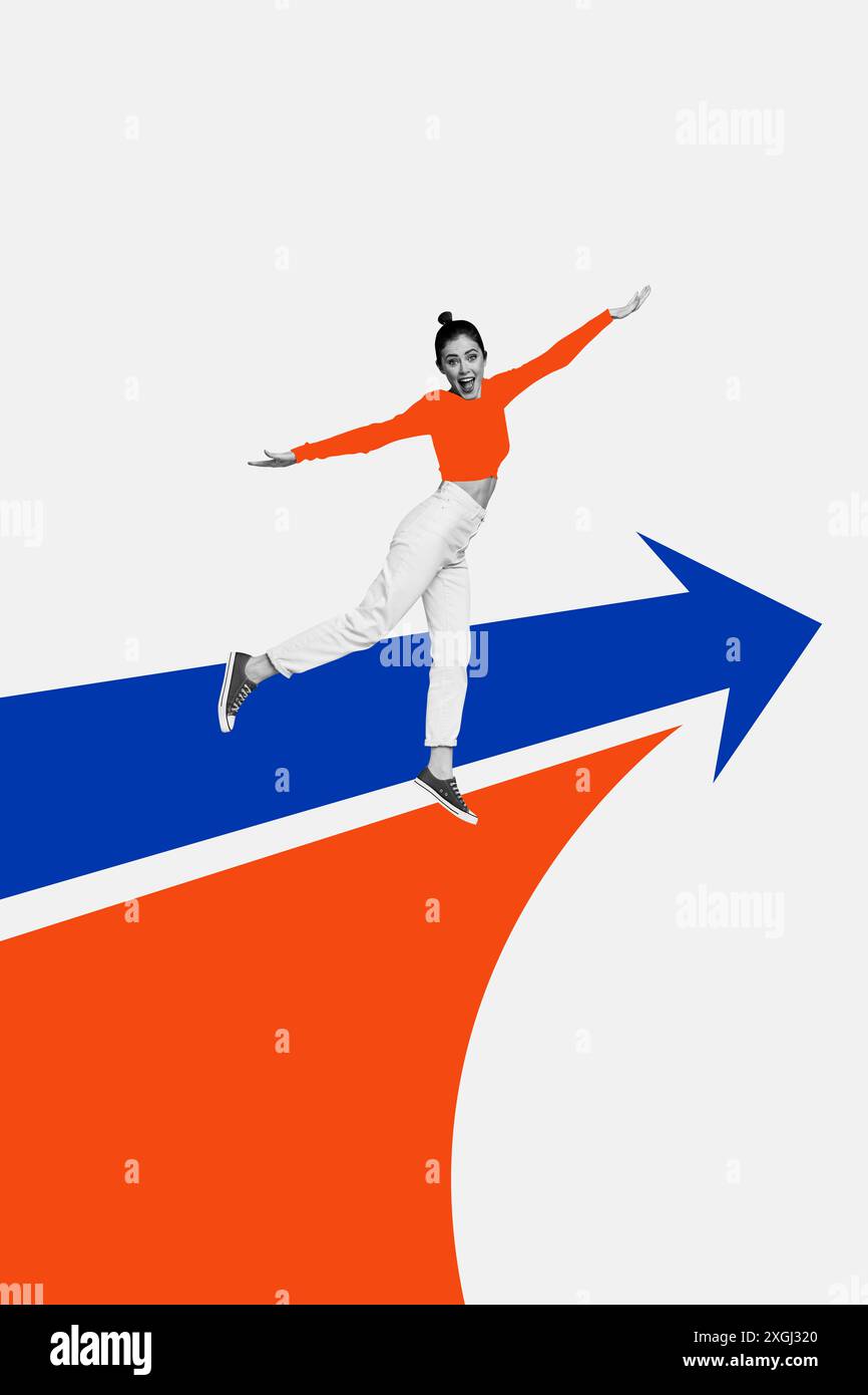 Vertical photo collage of happy businesswoman dance promotion arrow ...
