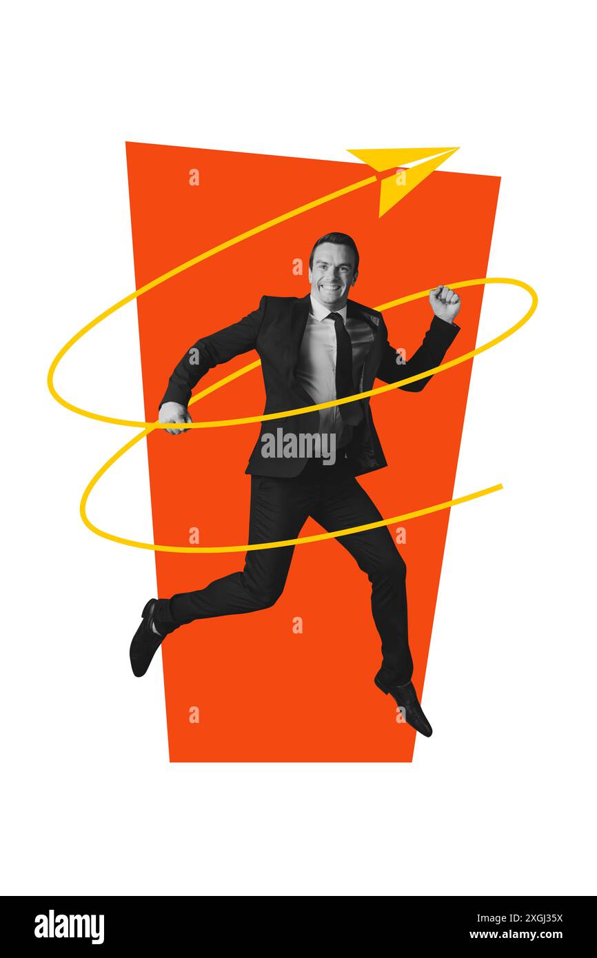 Vertical photo collage of happy excited businessman ump arrow promotion ...