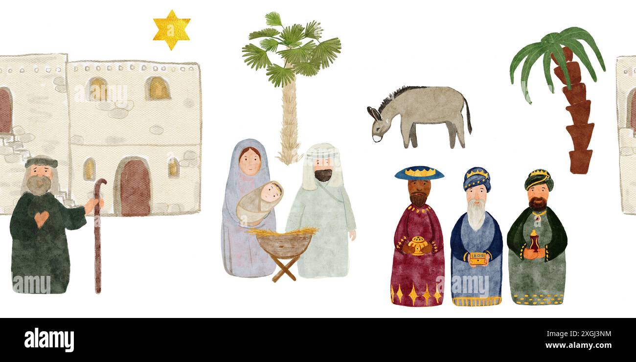 Christmas nativity scene seamless border in watercolor on white ...