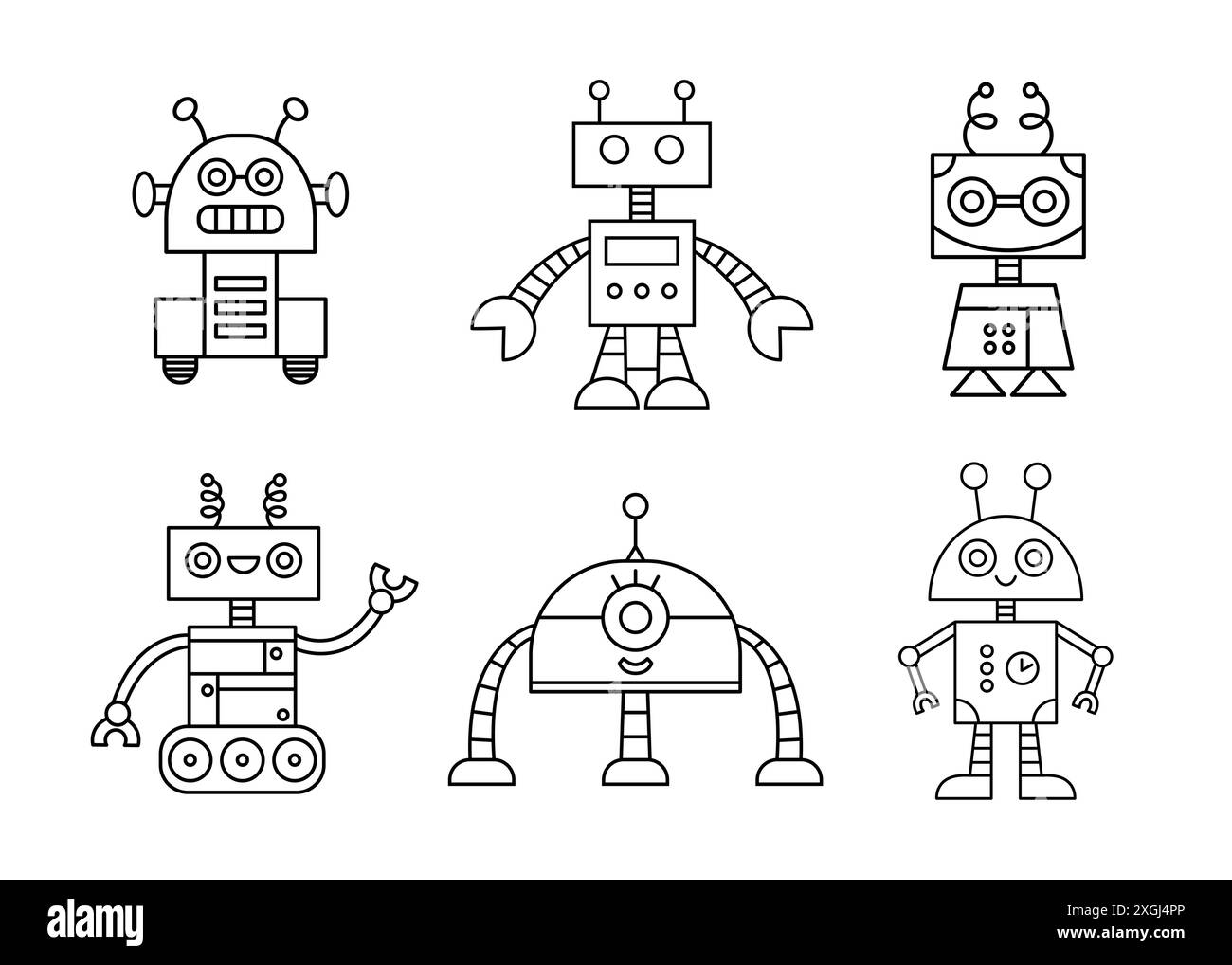 Cute Funny Robot Character Outline Doodle Icon Set Stock Vector Image ...