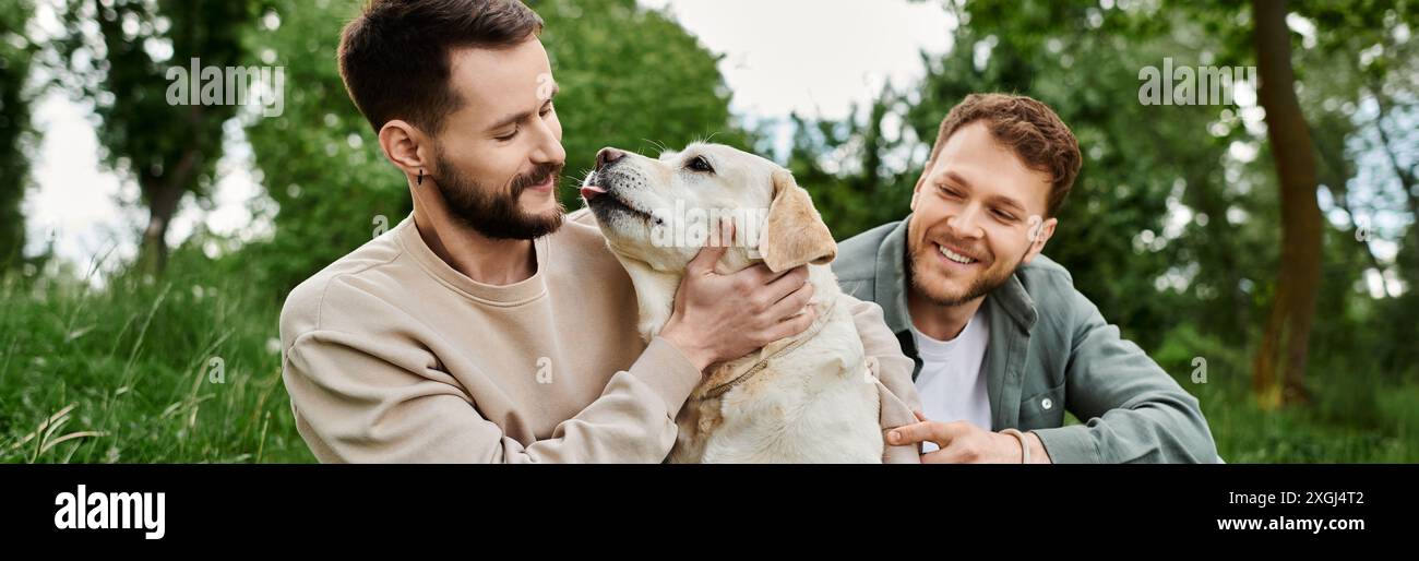A bearded gay couple shares a loving moment with their labrador dog in ...