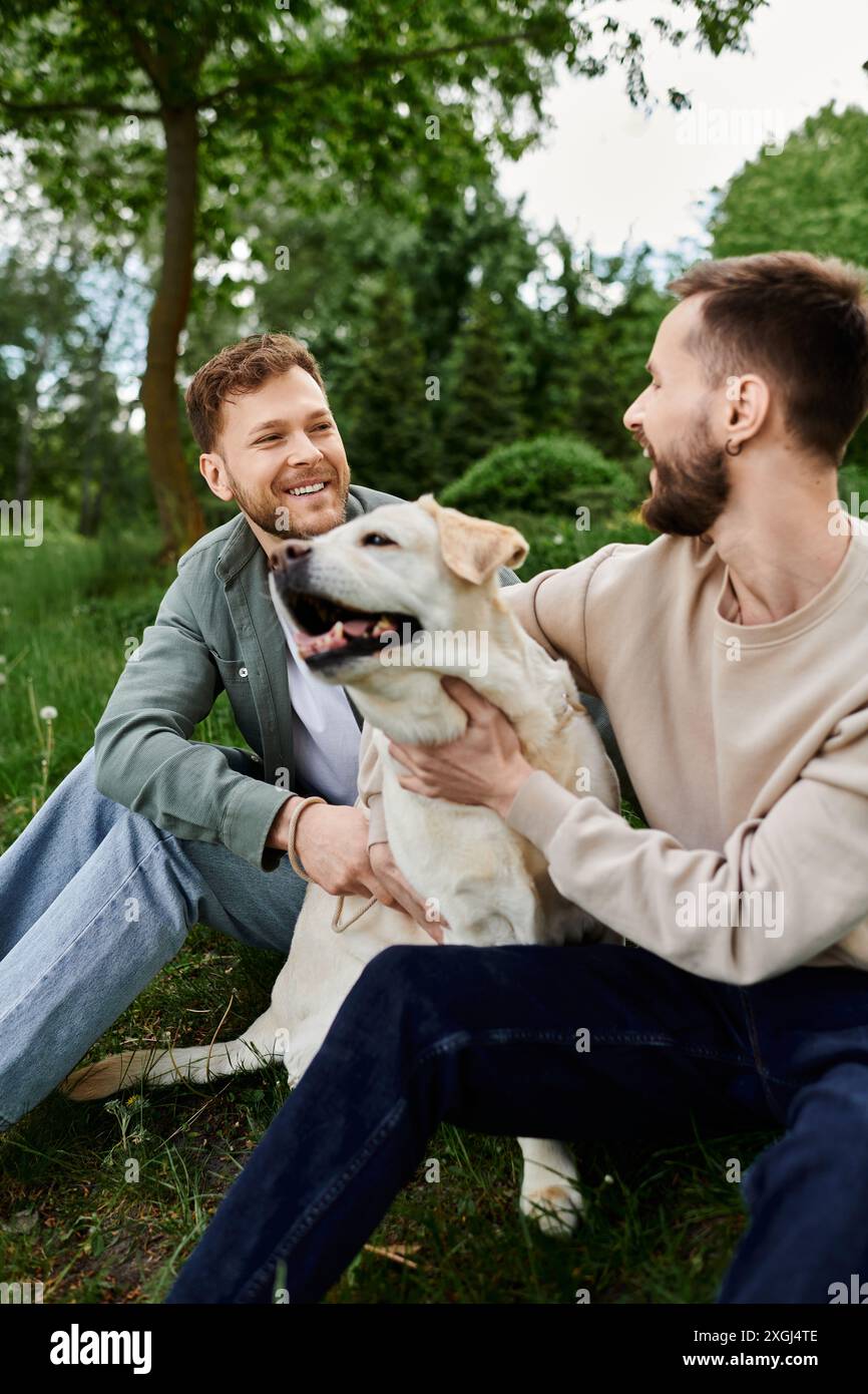 A bearded gay couple enjoys a day out in a green park with their ...