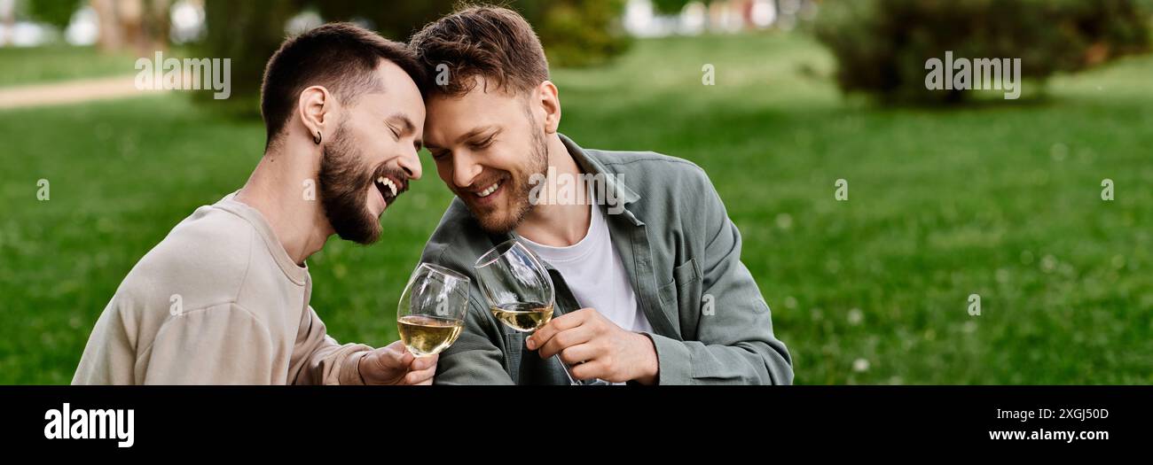 A Bearded Gay Couple Enjoys A Picnic In A Lush Green Park While Sharing A Laugh And A Glass Of