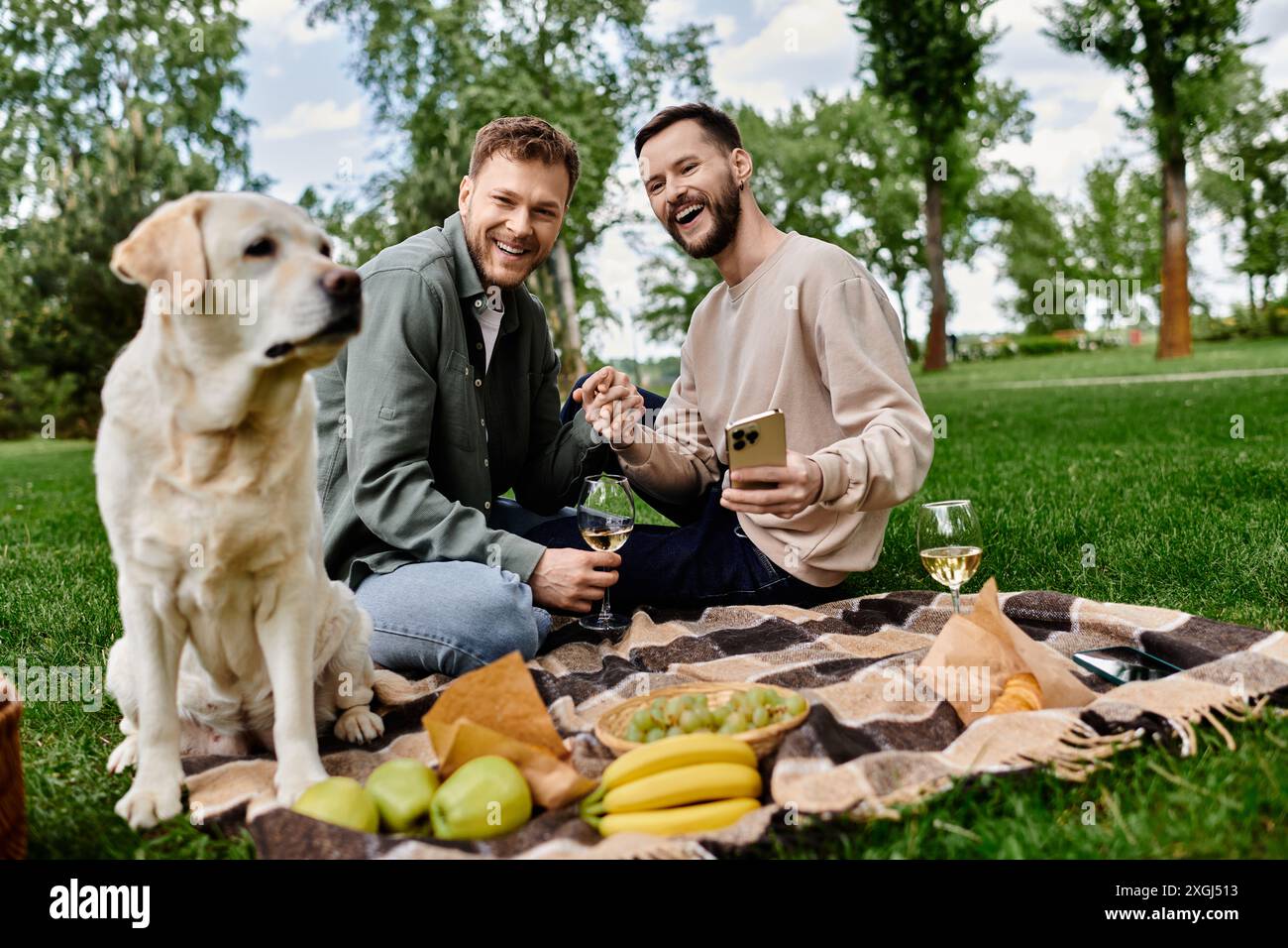 A bearded gay couple enjoys a picnic in a green park with their ...