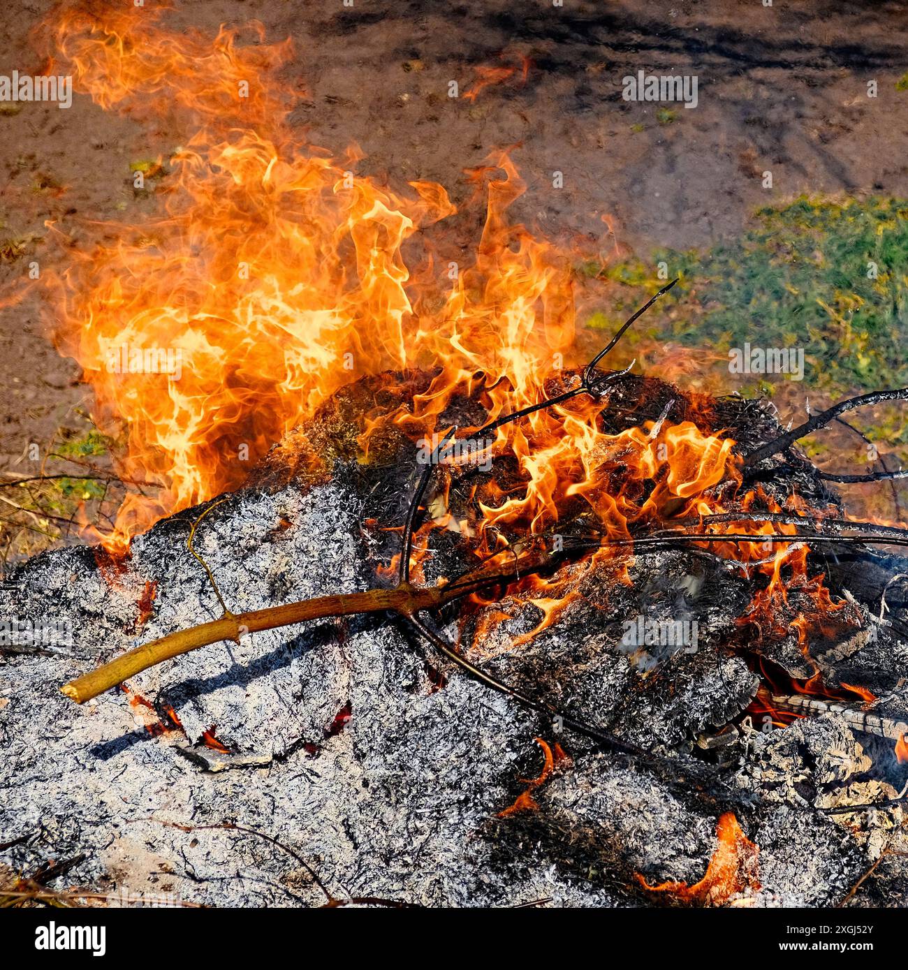 Thick grey smoke is rising into the air from the source of the flame ...