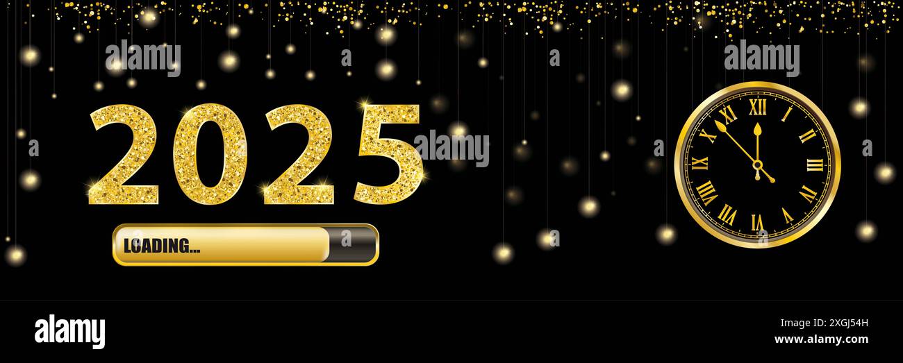 Black Paper Banner Golden Clock 2025 Loading Hanging Lights Black ...