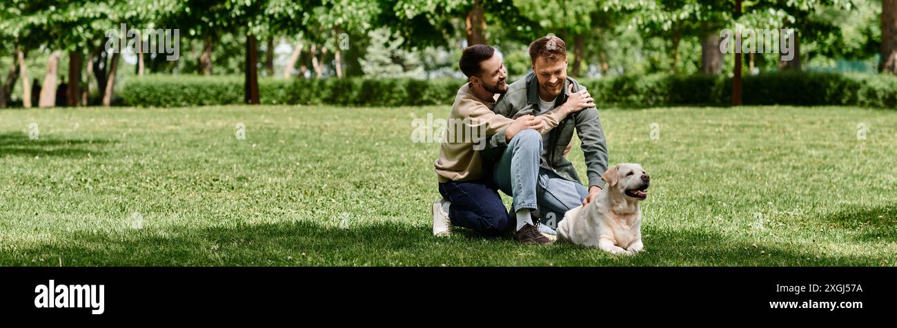 Two bearded men, a gay couple, are enjoying a sunny day in the park ...