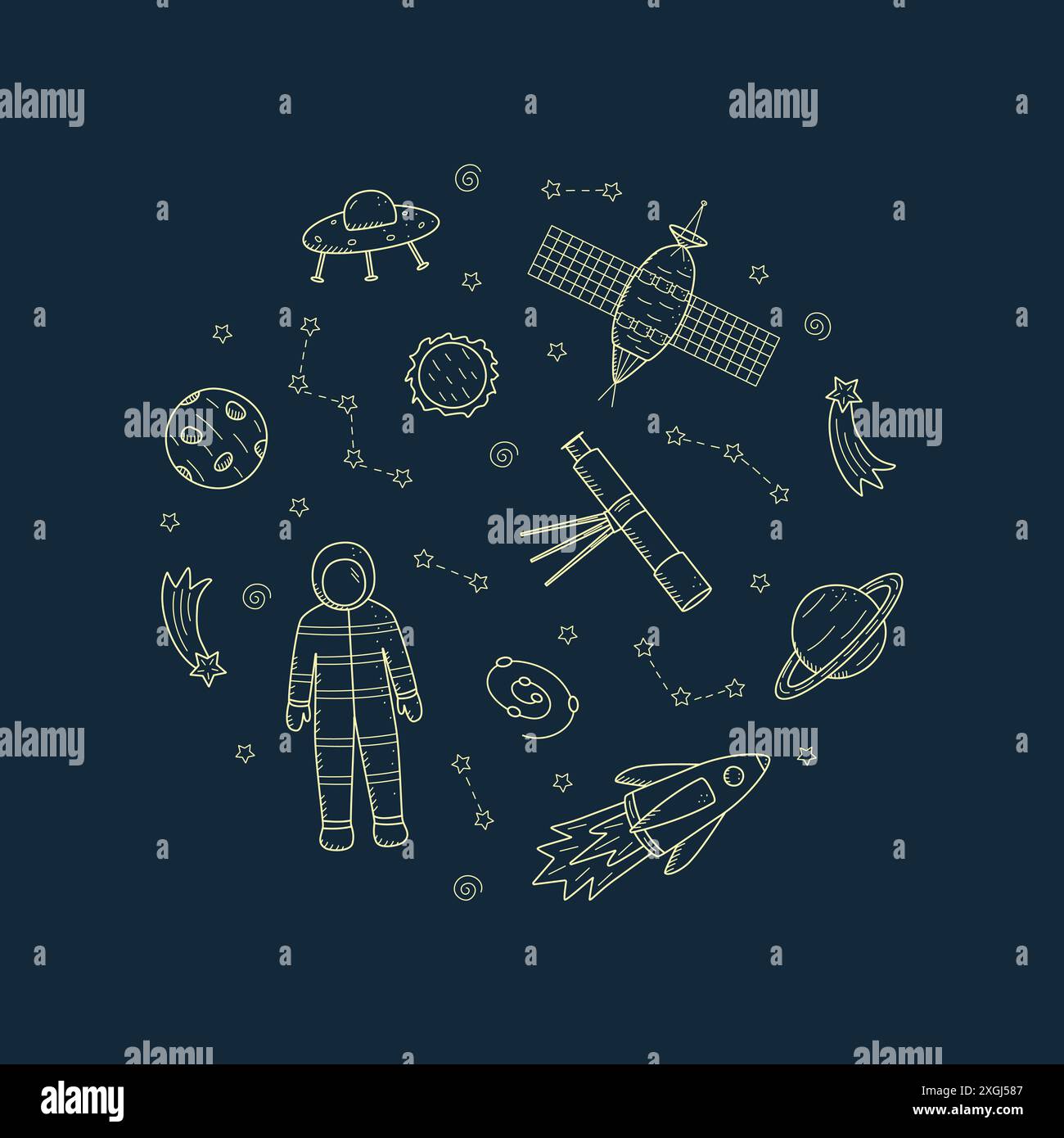 Cosmos doodle is a set of vector illustrations in the circle. Icons of ...