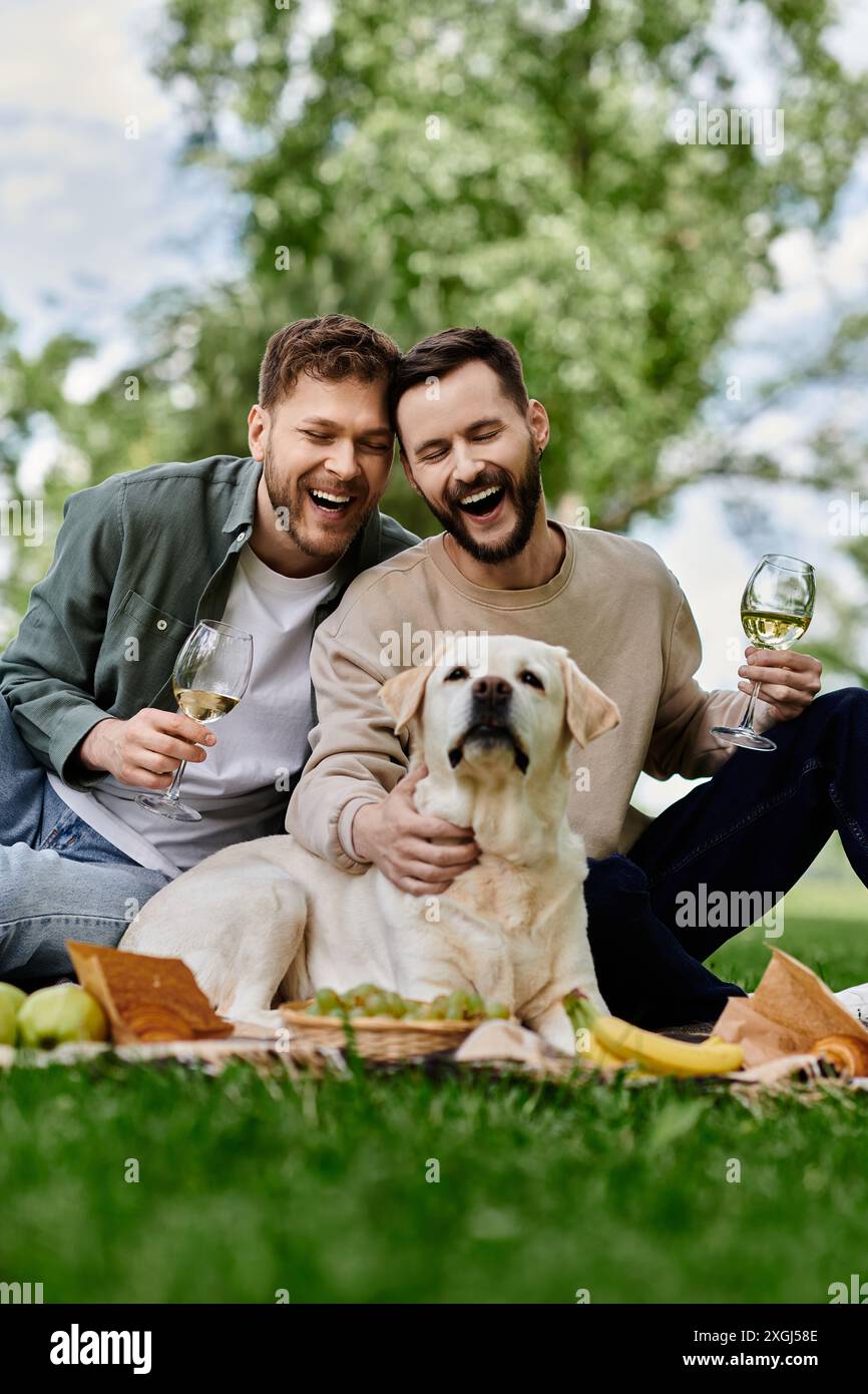 A Bearded Gay Couple Enjoys A Picnic With Their Labrador Retriever In A