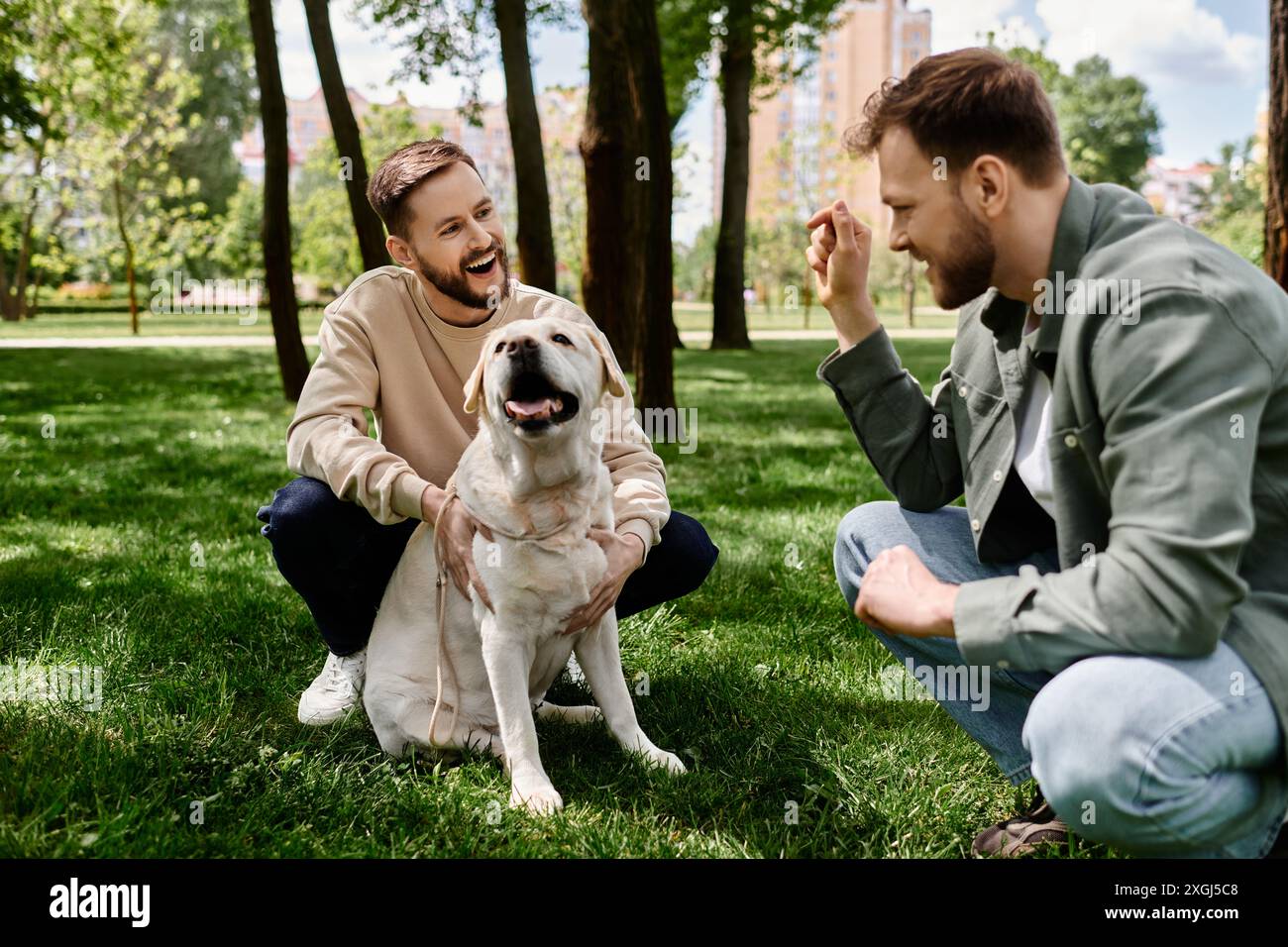 Two bearded men, a gay couple, enjoy a sunny day in a green park ...