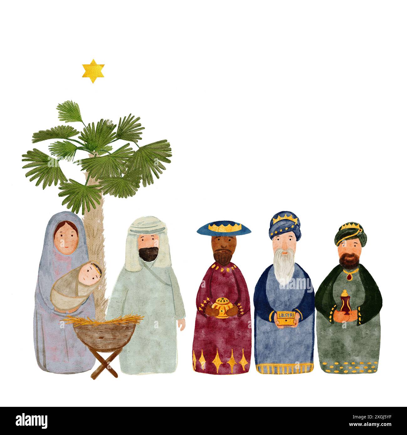 Nativity scene, wrapped baby Jesus, Mary, Joseph, manger, star magi ...