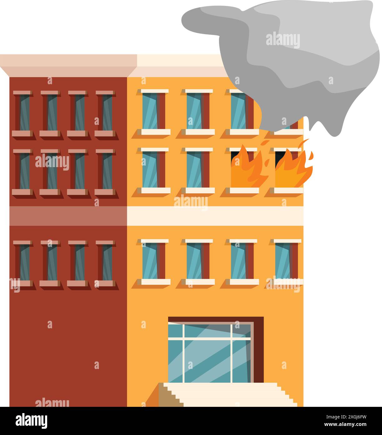 Illustration of a city building on fire with smoke billowing and flames ...