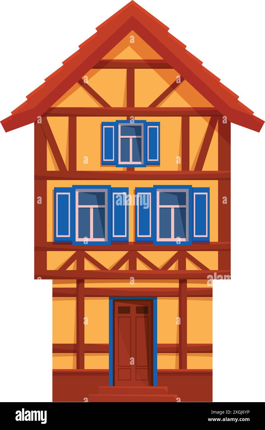 Charming european style house with timber framing and blue shutters is ...