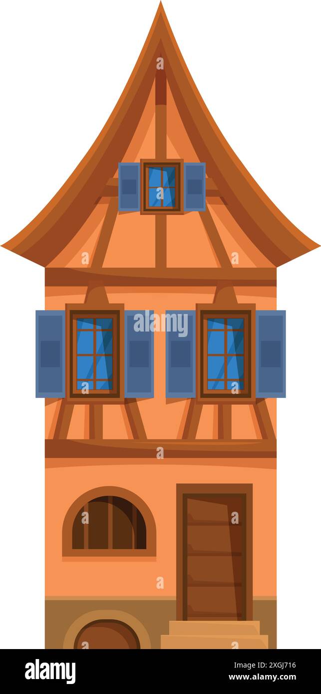 Medieval half timbered house standing on white background, european ...