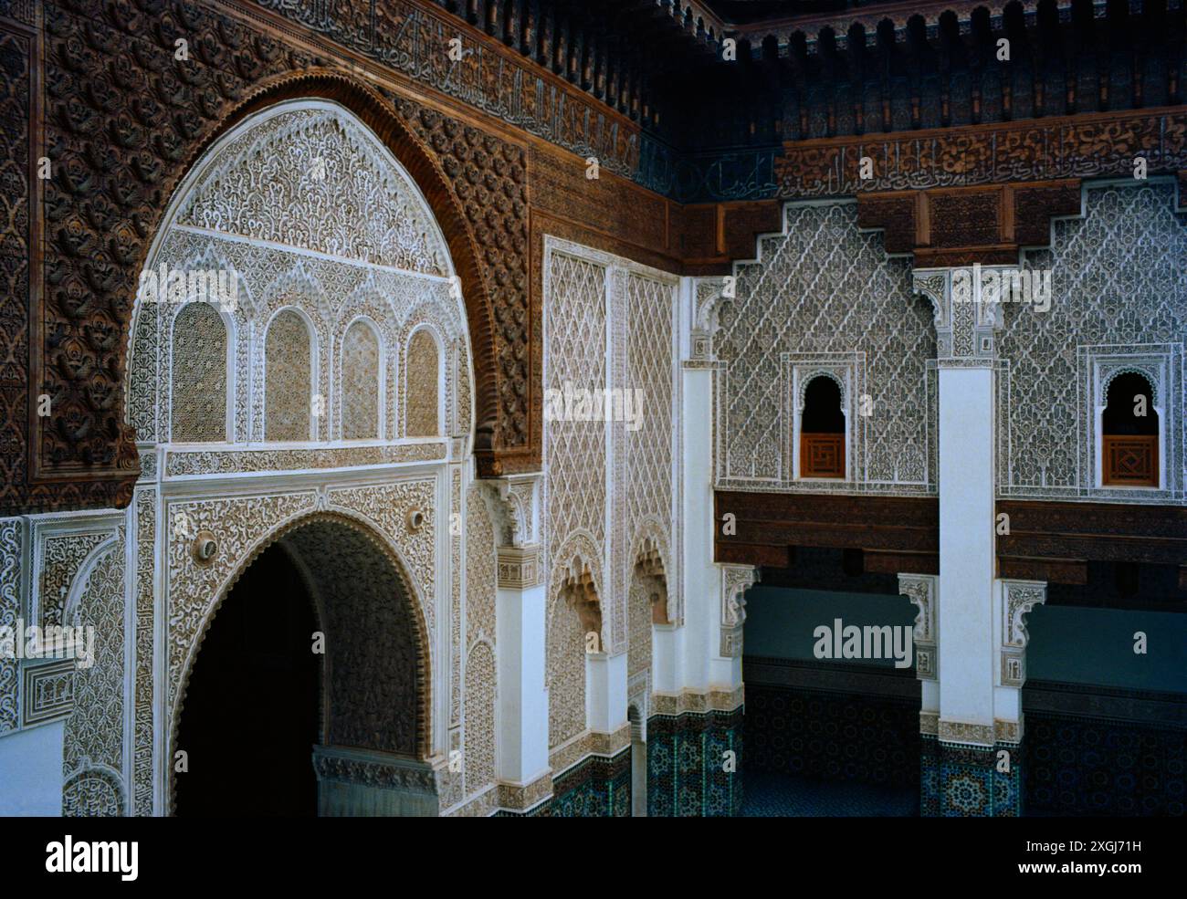 The architecture of the interior of the historic Ben Youssef Madrassa ...