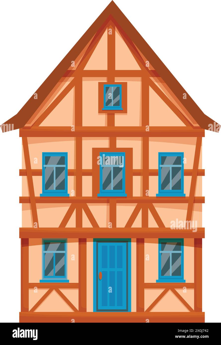 Orange two story house with blue windows and timber framing ...