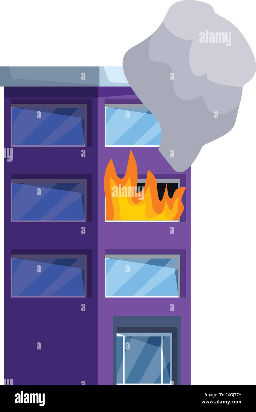Illustration of a fire disaster with flames coming out of the windows of an office building ...
