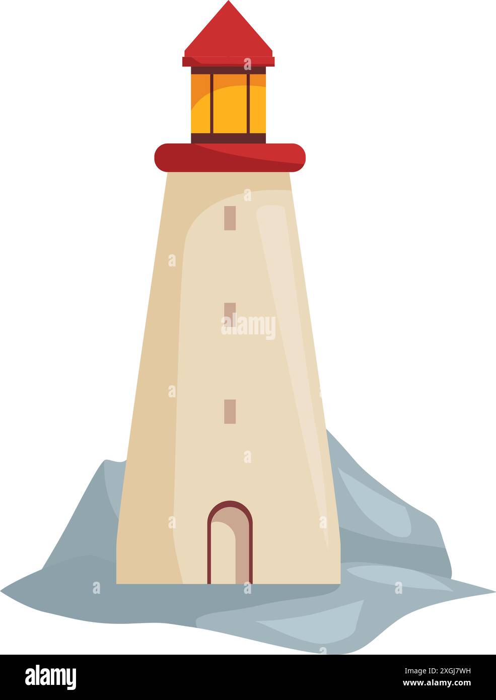 Tall lighthouse is standing on a rocky coast, its bright light guiding ...