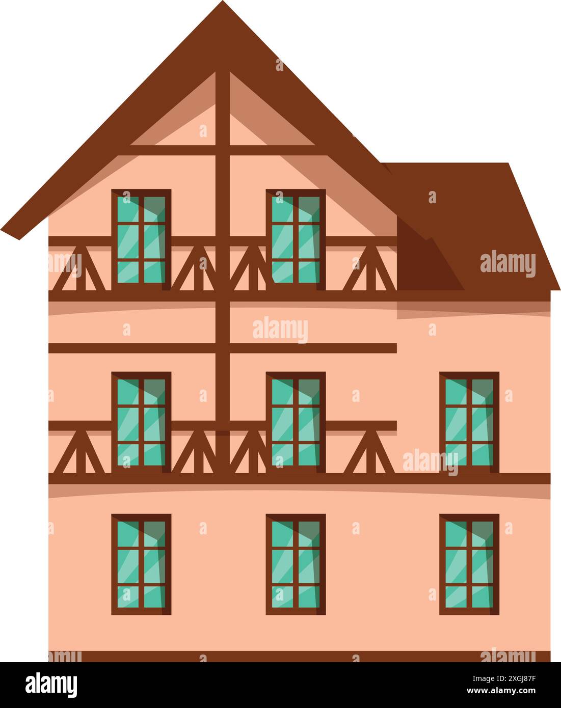 Three story house with balconies having timber framing is isolated on a ...