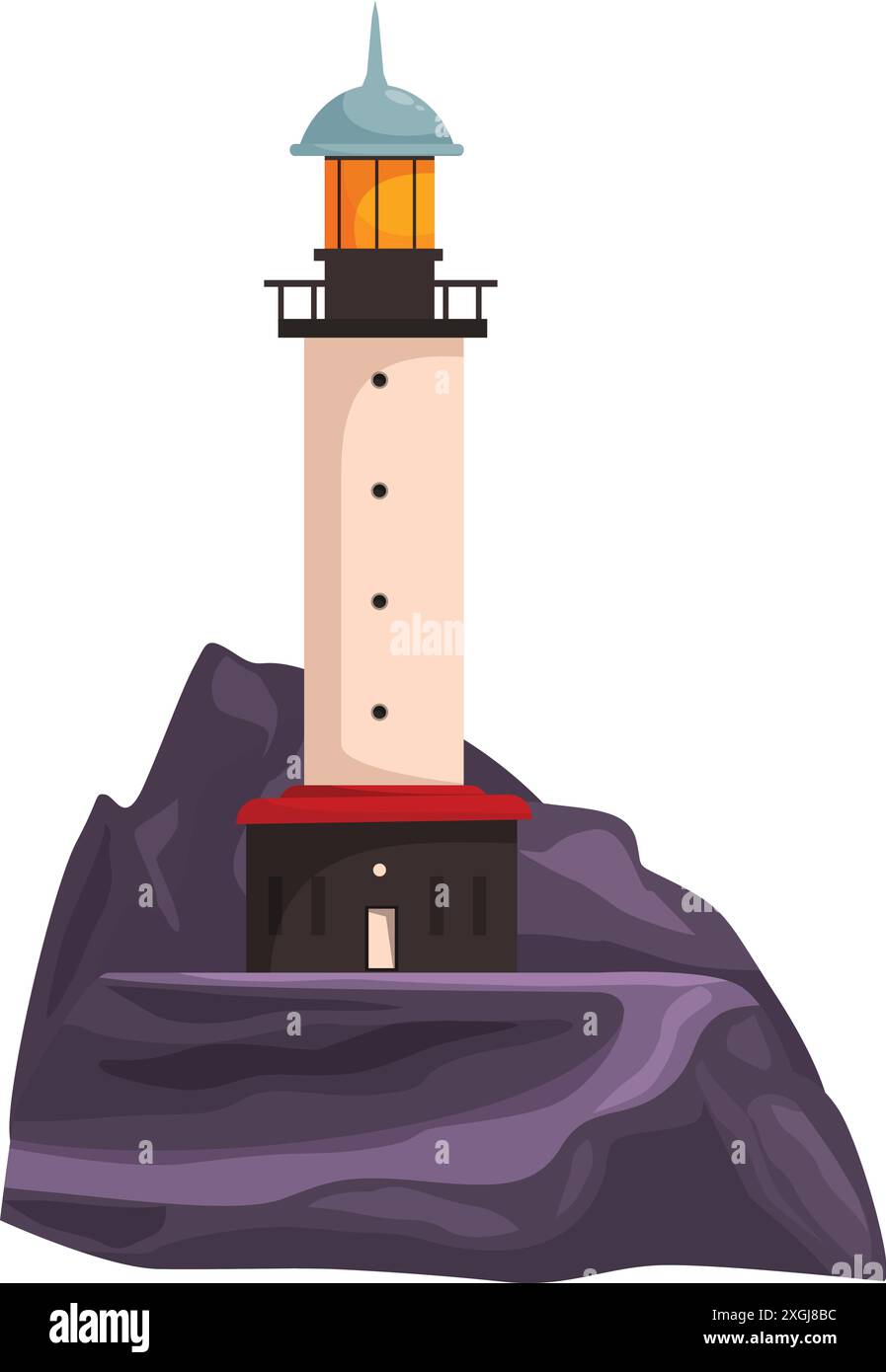 Tall lighthouse is standing on a rocky cliff, its bright light guiding ...