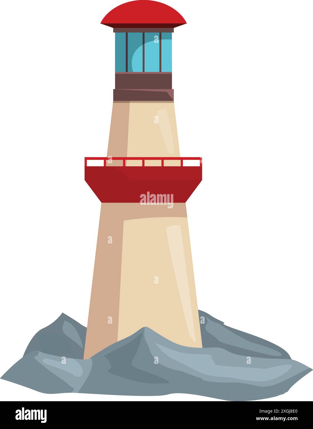 Cartoon red and white lighthouse standing on rocks guiding ships at sea ...