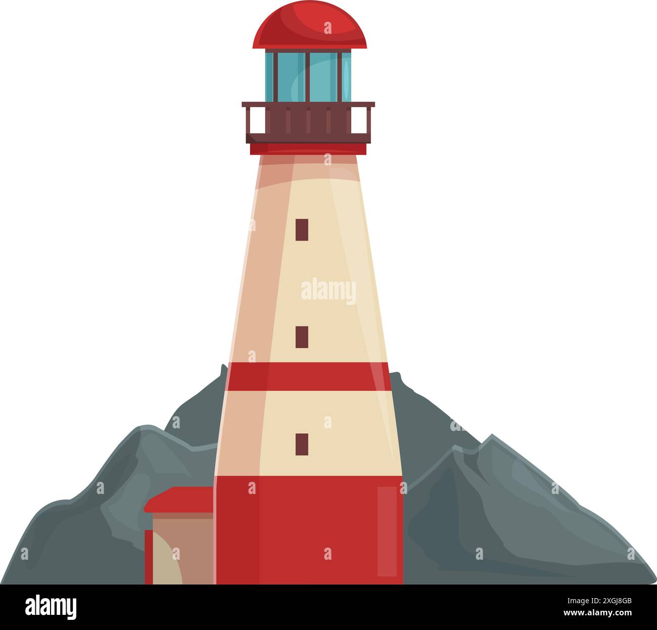 Classic red and white lighthouse is standing on a rocky coast, warning ...