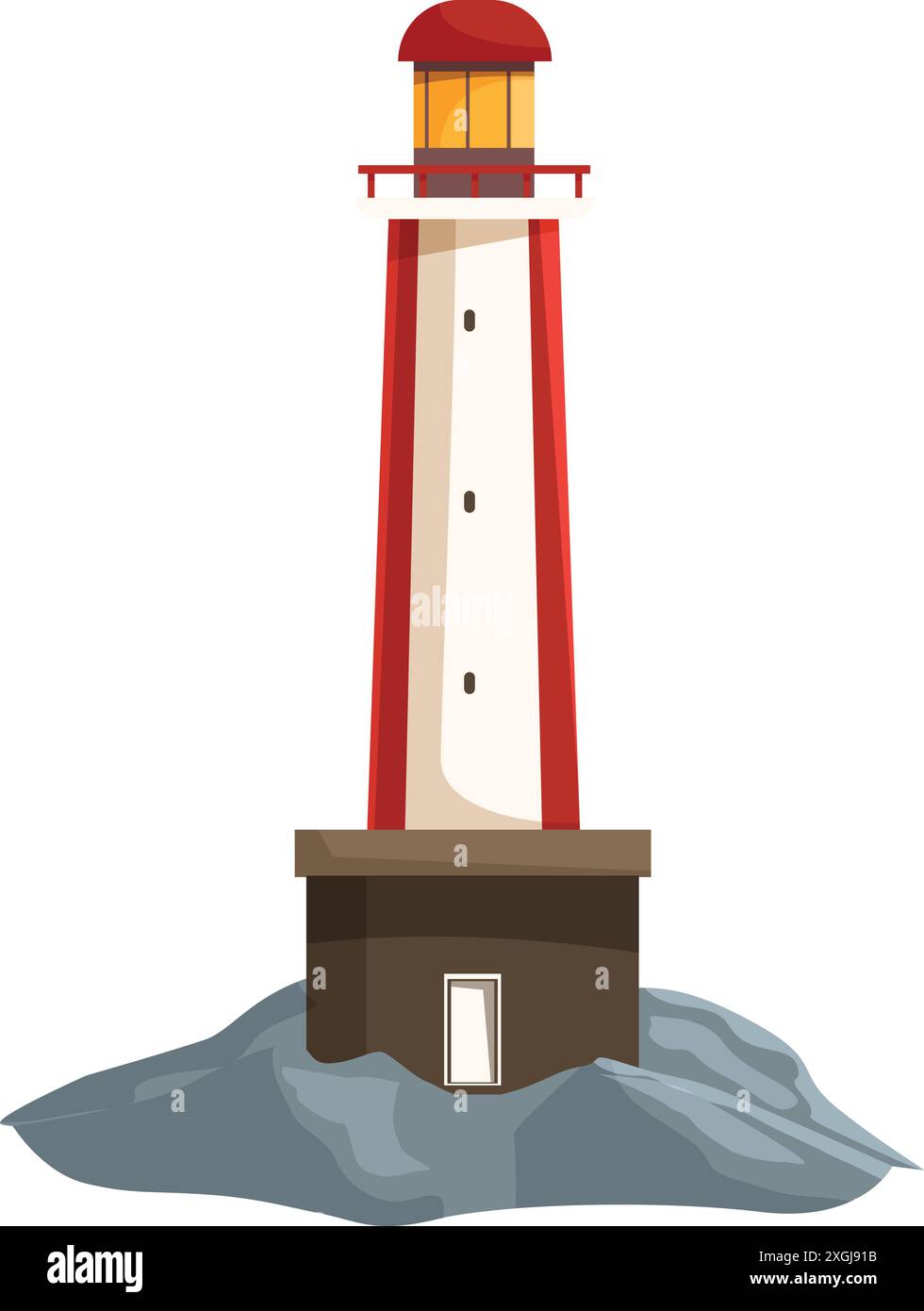 Classic red and white lighthouse is standing on a rocky coast, its ...