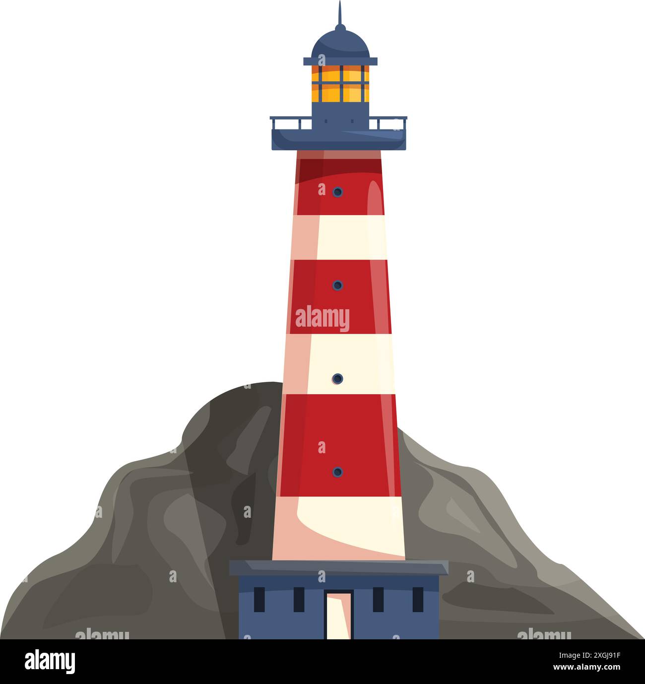 Cartoon style illustration of a red and white lighthouse standing on a ...