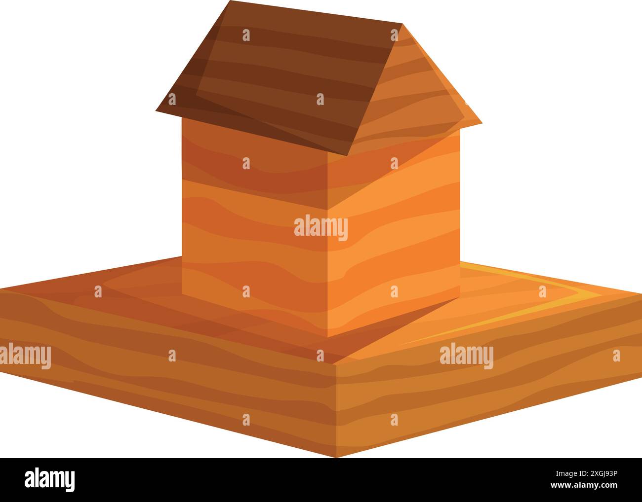 Simple wooden toy house standing on a square platform, representing the ...