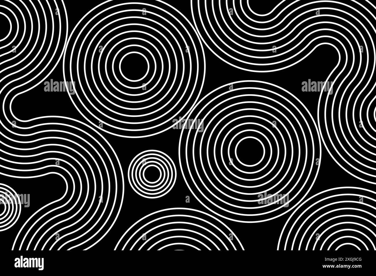 Abstract white lines circles on black background, linear swirls path ...