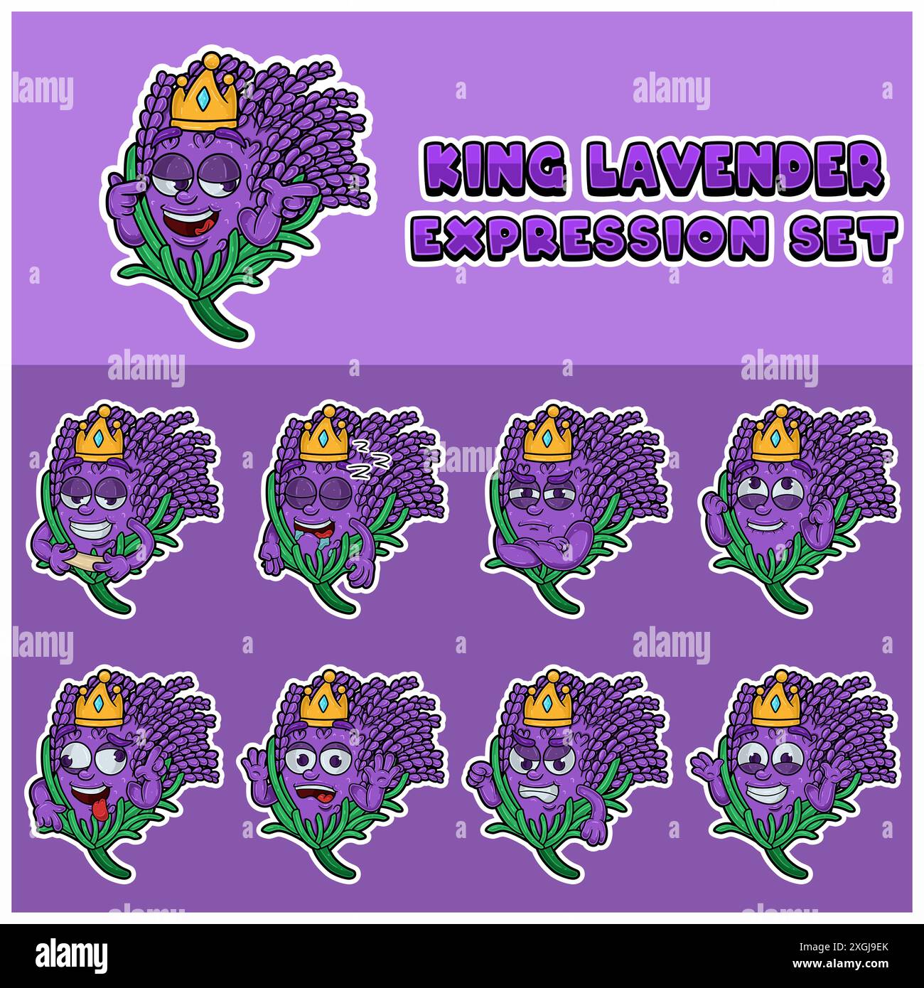 Cartoon Mascot Of Lavender Character with king and expression set ...