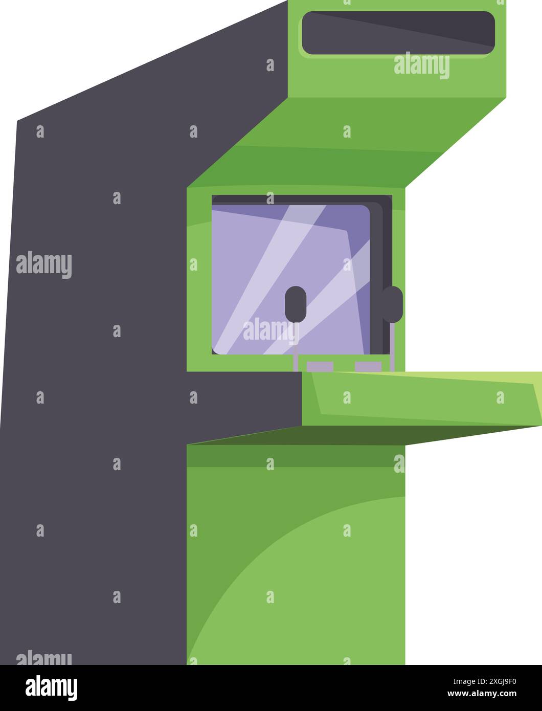 Green arcade game machine with joysticks and screen standing ready for ...